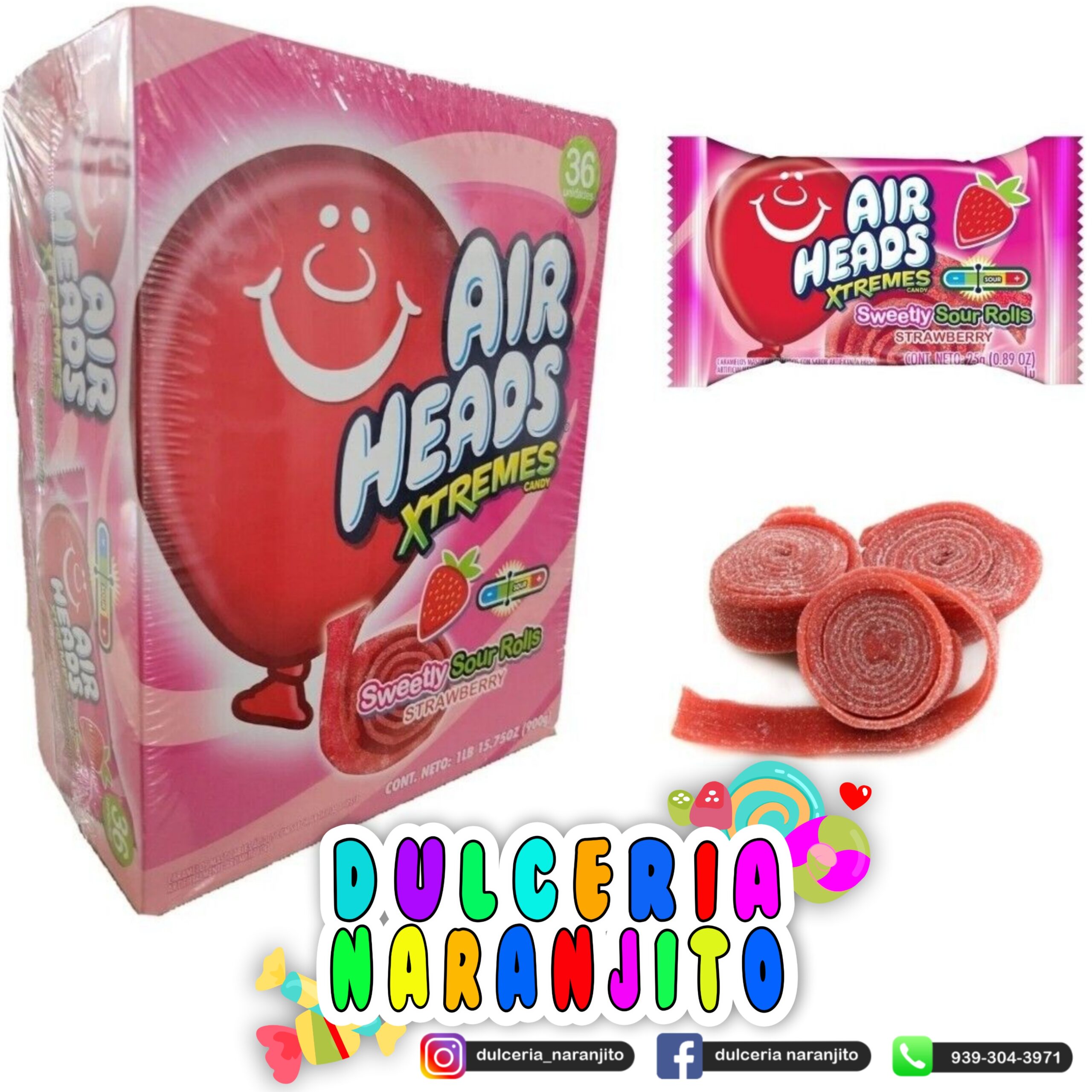 Air Heads Xtremes Sweetly Sour Rolls Strawberry - dulcerianaranjito